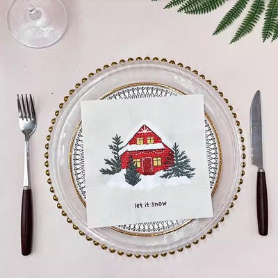 圣诞主题餐巾纸雪屋图案白色手帕纸餐桌用品装饰纸巾一次性面巾纸