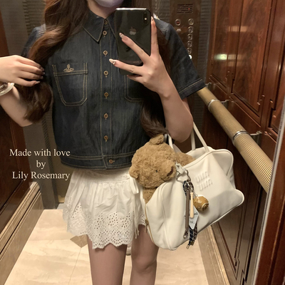 Lily Rosemary/ 可爱置顶 饭饭私服*vtg牛仔衬衫短袖复古短款衬衣