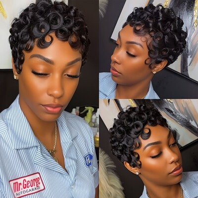 Layered Short Loose Curly Pixie Cut with Bangs外贸爆款真人发