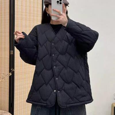 提花衍缝棉服V领廓形羽绒外套女