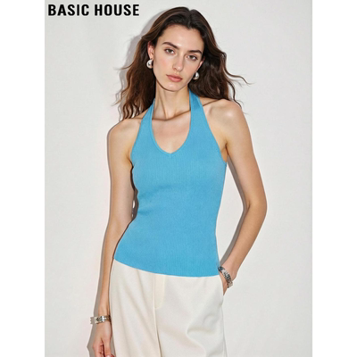 百家好蓝色V领挂脖背心冰丝吊带