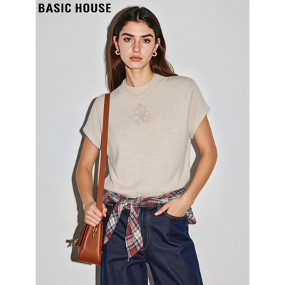 百家好气质杏色刺绣圆领短袖T恤