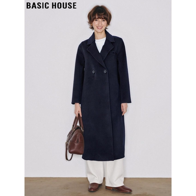 百家好蓝色翻领加厚羊毛呢大衣女