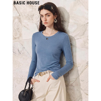 百家好亲肤修身蓝色羊毛长袖T恤