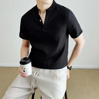 普洛克正品男装 t恤夏中式立领麻类轻奢休闲老钱短袖上衣衬衫寸衫