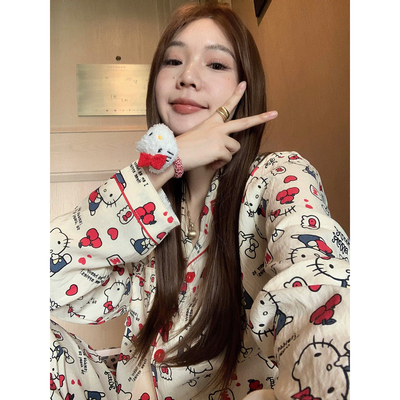 （吴大笑）奶糖kt猫～可爱甜度超标翻领空气棉舒适亲肤纯棉睡衣女