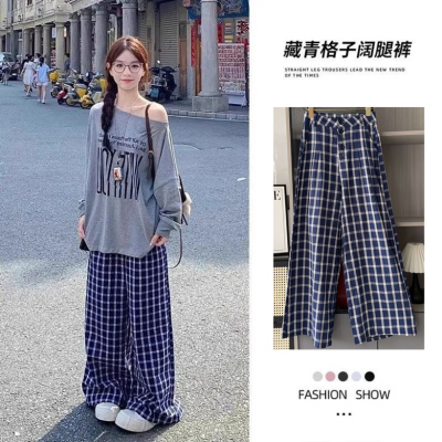 露思同款五粒扣泡泡格子裤