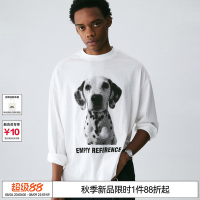 EMPTY REFERENCE 白色网点油墨斑点狗印花上衣雪花棉宽松长袖T恤