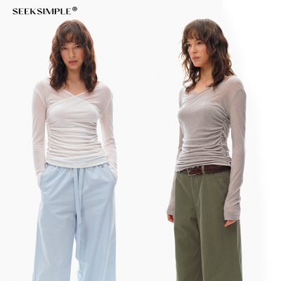 SEEKSIMPLE 羊毛莱赛尔|抽褶造型|斜领修身轻薄长袖t恤