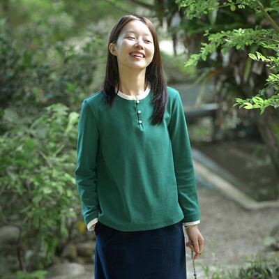 7-25CXA-037【南枝】前世今生复古文艺撞色拼接领针织T恤