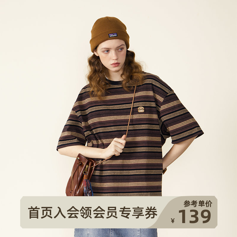 NOTHOMME联名款山系280g重磅全棉定织针织宽松撞色条纹短袖T恤_虎窝淘