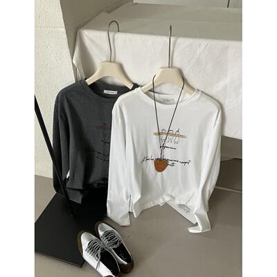 韩系2025秋款简约百搭法棍图案圆领长袖印花T恤女宽松休闲打底衫