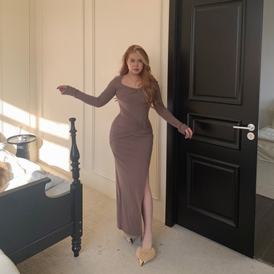 【野生荔枝】一路向北 气质轻奢褶皱开叉修身长袖连衣裙女G012