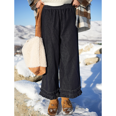 汉麻加绒法棍牛仔裤古苔磨毛裤子
