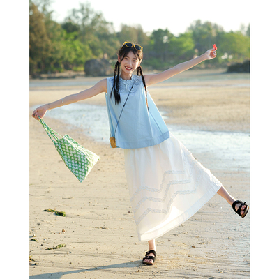 波浪感白色半身裙古苔风格百搭女