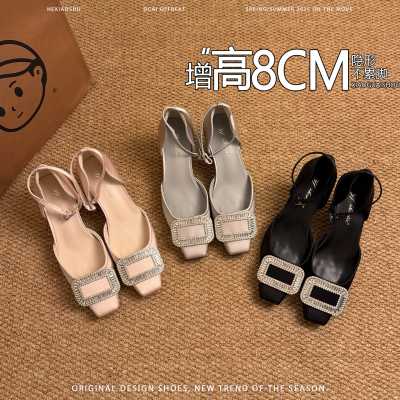羊皮版~内增高8CM水钻方扣中空凉鞋单鞋女名媛风脚腕扣带玛丽珍鞋
