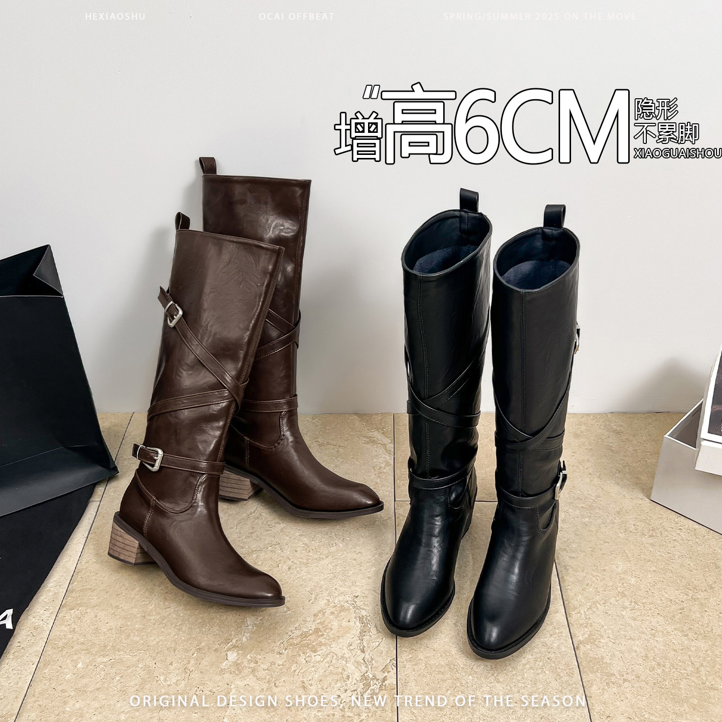 羊皮版复古皮带扣粗跟骑士靴女2026新款尖头百搭长筒靴显瘦时装靴