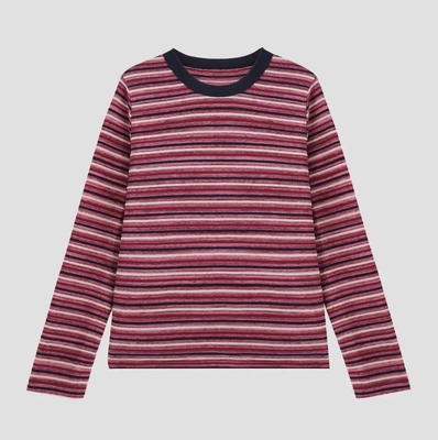 凹凸立体撞色百搭色织条纹长袖T恤女T8813