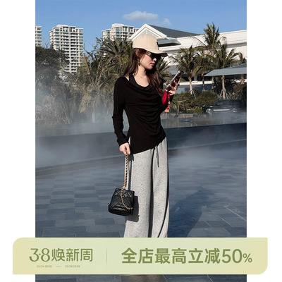 邱莹莹HELAAOMI “挂脖荡领醋酸针织”72%莱赛尔+醋纤蕾丝T恤