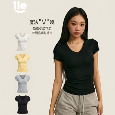 11E 夏季透气吸湿修身显瘦休闲V领短袖T恤打底上衣女装排汗吸湿