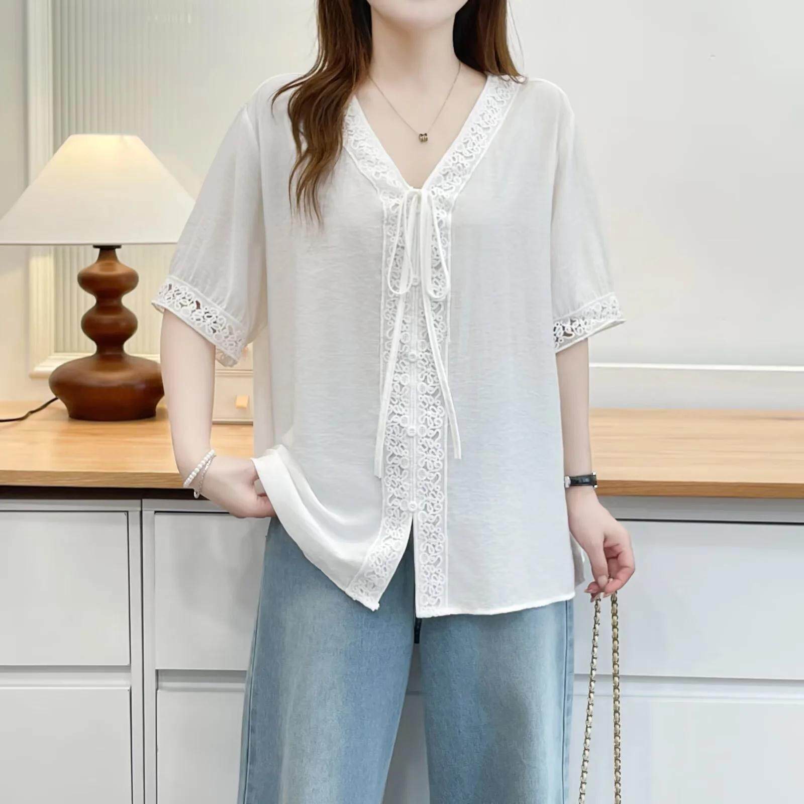 胖妹妹夏装女装2026系带宽松衬衣时尚显瘦中年大码V领镂空衬衫女