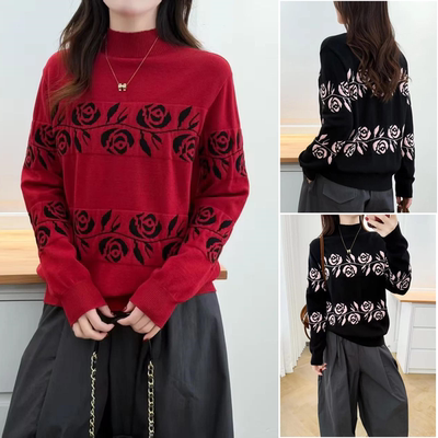 大码200斤半高领玫瑰提花针织衫