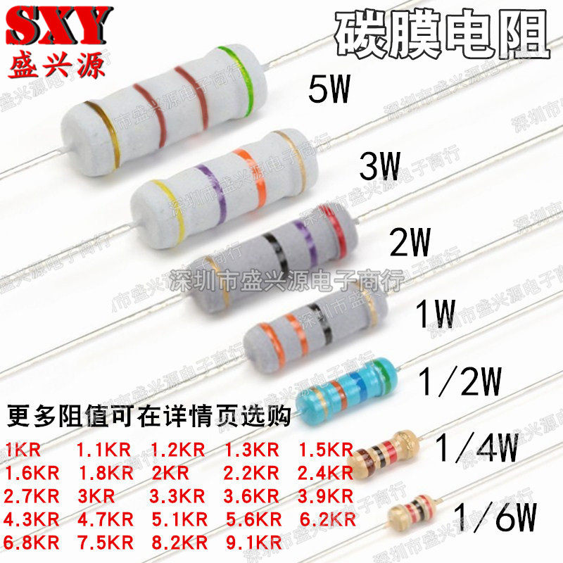1/6W1/4W1/2W1W2W3W5W碳膜电阻1K1.5K2K2.4K3K3.3K4.7K5.1K9.1K_虎窝淘