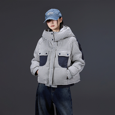 拓谷秋冬新款格纹连帽羽绒服