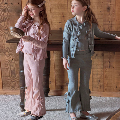 蝴蝶结吊带开衫喇叭裤三件套装