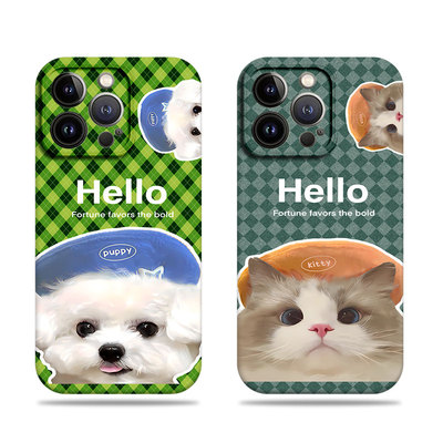 苹果17promax带帽猫咪狗狗菲林情侣手机壳适用苹果华为VIVOY76SVIVOY78PLUS小米MIX412/13/14/15新款VIVOX200