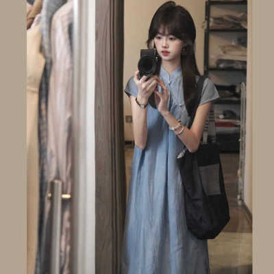 文艺蓝新中式连衣裙新中式长裙