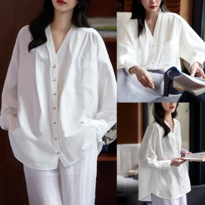 法式白色v领防晒衬衫女2026年夏季新款独特漂亮高级宽松显瘦上衣