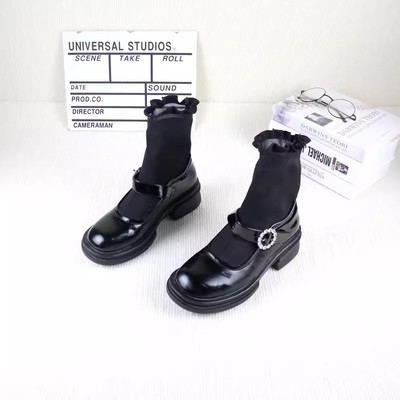 粗跟厚底圆头亮面单里显瘦女瘦