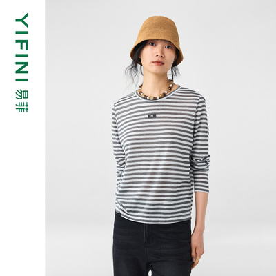 易菲天丝仿麻条纹印花休闲T恤