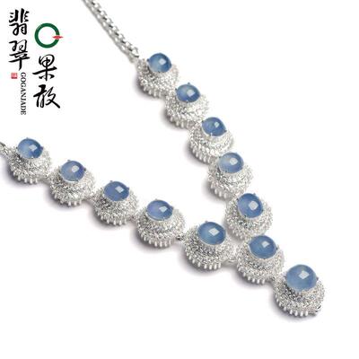 X26426果敢翡翠 冰种蓝紫翡翠蛋面项链缅甸A货玉石镶嵌18K金项链