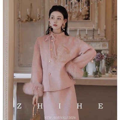 至禾Wonderland金粉世家新中式100绵羊毛双面呢珠绣大衣+半裙