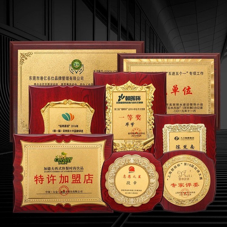 金箔奖牌定做荣誉木托授权慈善铜牌奖杯奖章奖状证书定制商务礼品