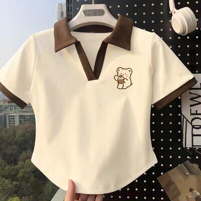 中大童夏季新款POLO领上衣女童短袖T恤复古夏装修身舒适半袖上衣