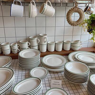 Tuxton绿线条合集greenbay盘子碗咖啡杯马克杯小碟子复古餐具套装