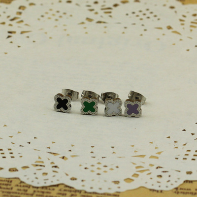 韩国韩版银色气质四叶草耳钉女 钛钢14K玫瑰金防过敏耳环耳饰品女