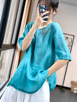 夏季文艺国风刺绣绣花衬衣休闲百搭盘扣苎麻禅意衬衫女上衣糖果色