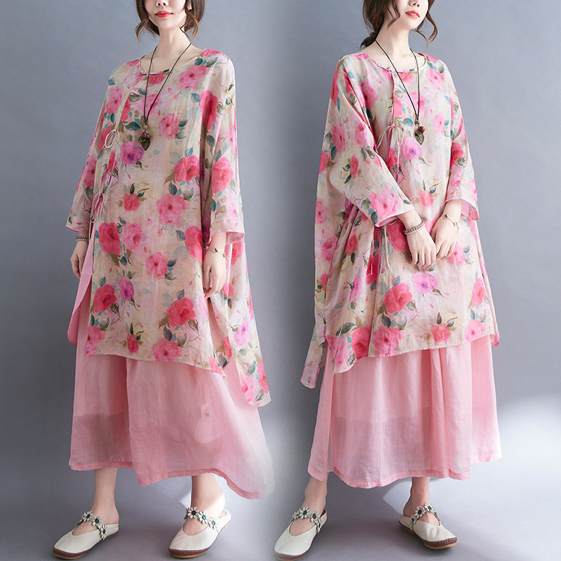 捡漏夏季新品苎麻印花袍子宽松显瘦中式改良茶服上衣女显瘦百搭潮