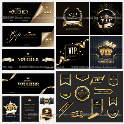 高端黑金色金属丝带VIP会员图标标签徽章代金券矢量设计素材
