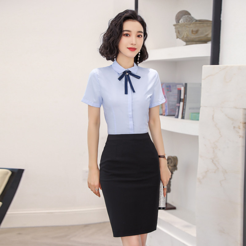 诗璐雅职业工作服女夏季系带蓝色短袖正装衬衫西装裙套装客服工装