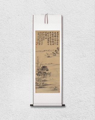 文徵明 石湖泛月图立轴 山水国画 墙面装饰 纸本绢布 微喷复制