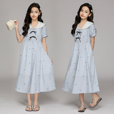 女童短袖连衣裙夏季新款中大童装条纹连身裙女孩海军领长款淑女裙