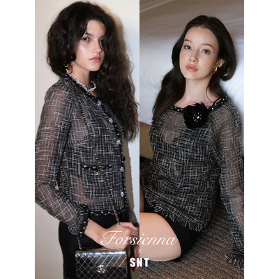 SNT【曼哈顿格】韩国进口黑白格纹流苏手工织带小香风罩衫/夹克