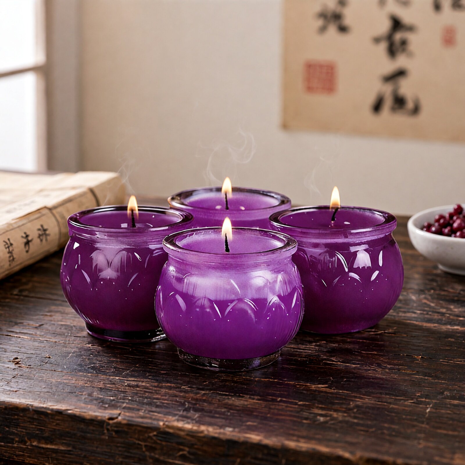 紫色酥油灯紫气东来马年启运玻璃莲花灯供佛蜡烛家用无烟蜡烛摆件