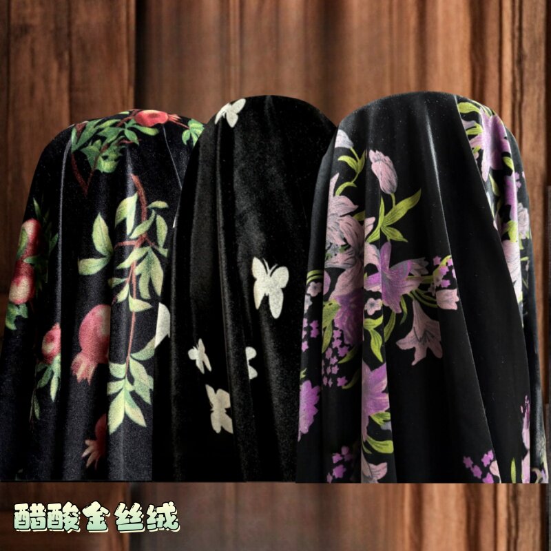 高端醋酸金丝绒印花面料黑色花朵图案布料手工DIY旗袍服装制作