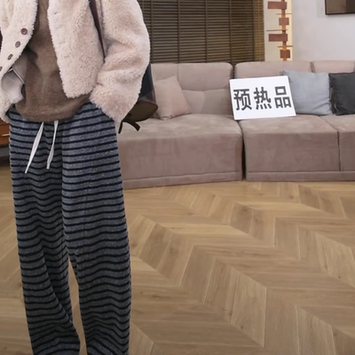 柏雪推荐【圣多诺】冬季高级感百搭修身高腰抽绳宽松条纹裤子女